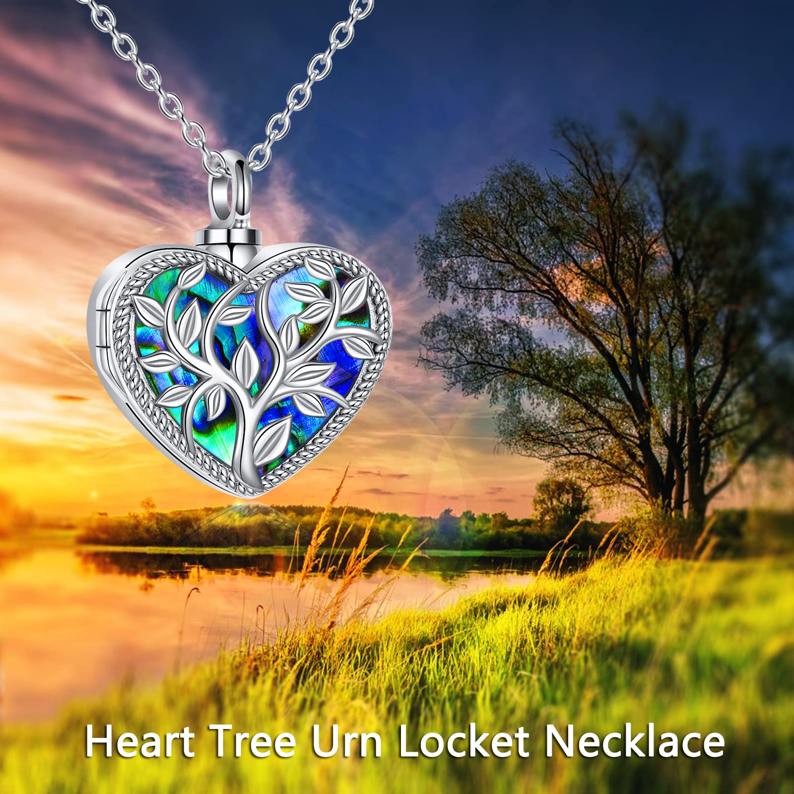 ONEFINITY Cremation Urn Necklace for Ashes Sterling Silver Abalone Shell Tree of Life Locket Necklace That Holds Pictures Heart Cremation Keepsake Memorial Ash Jewelry for Women Men