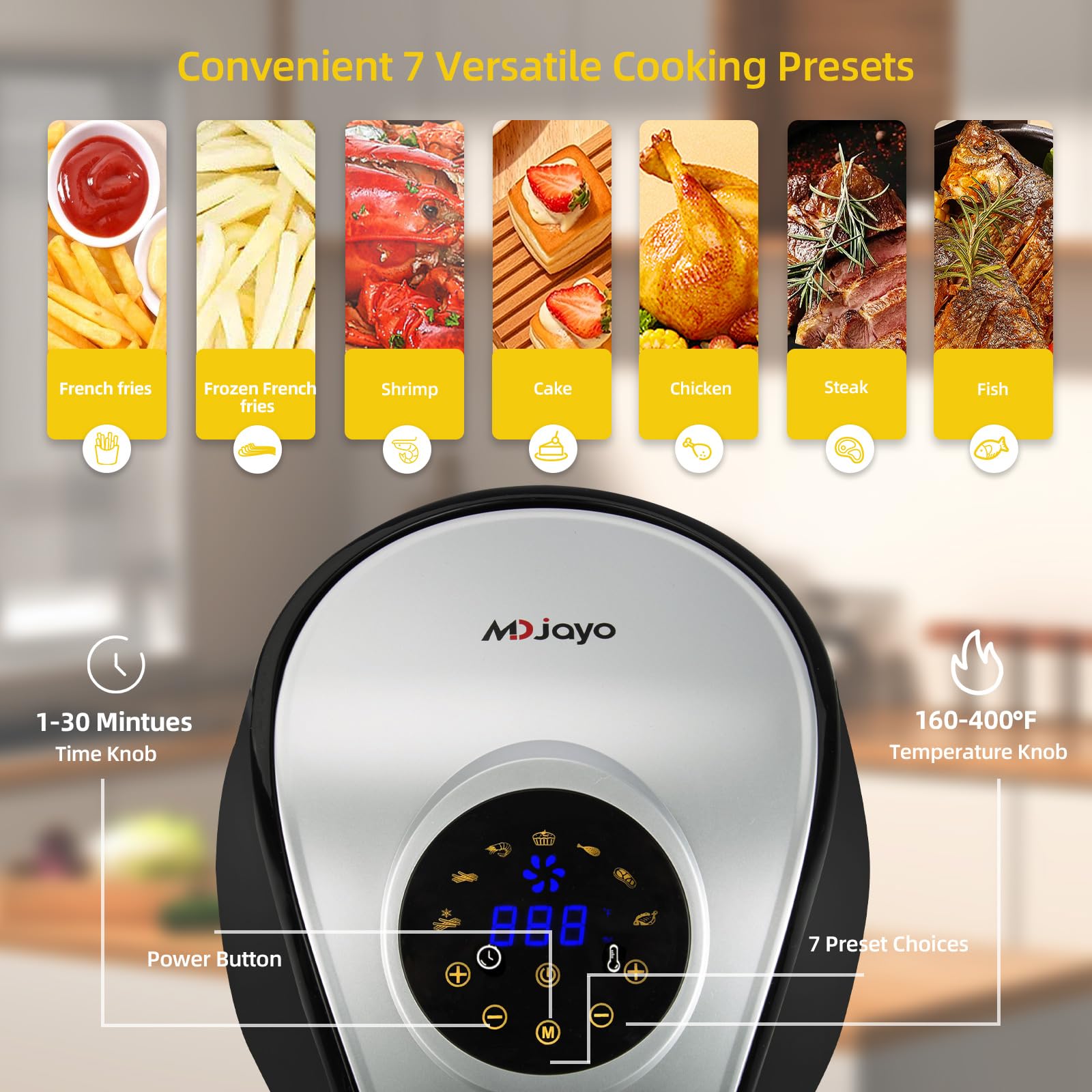 Mdjayo 4.4qt Air Fryer, Compact Oil Free Cooker, Smart Deep Airfryer Oven, 7-In-1 Digital LCD Touch Screen, Double Detachable & Dishwasher Safe Basket, Best Kitchen Accessories, Black