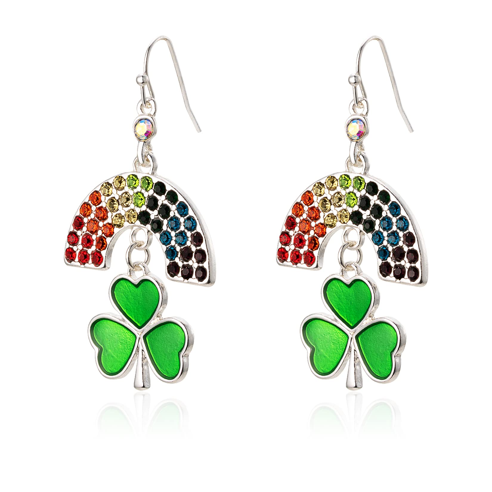 RareLove Silver Plated Rainbow with Shamrock Piercing Dangle Earrings Alloy Crystal St Patrick's Day Gift For Women