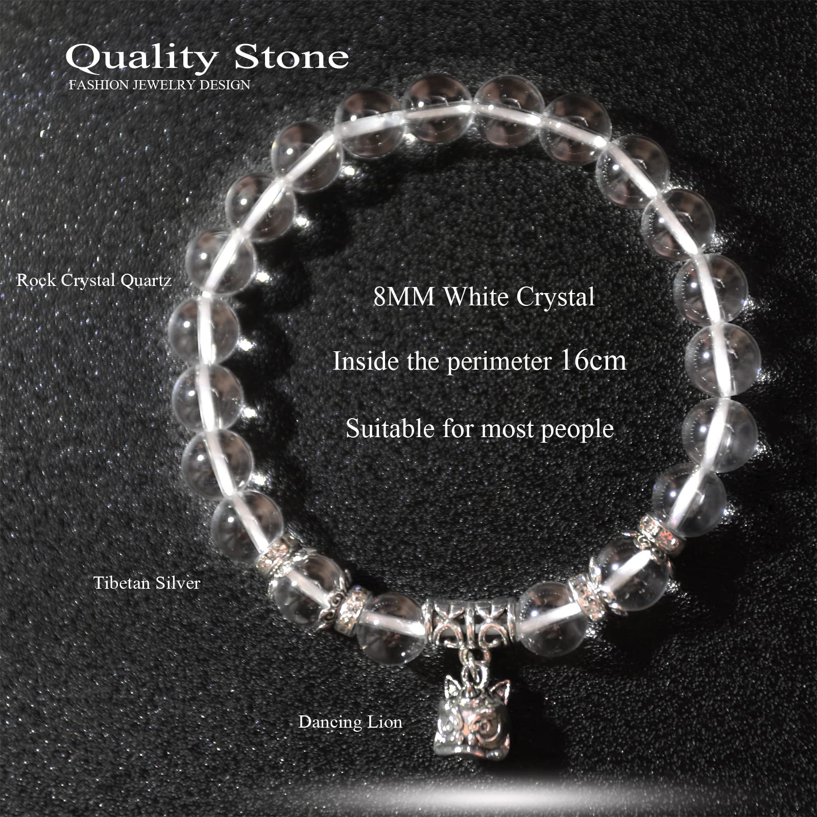KS-WORKSHOP 8MM Stretch Bracelet for Women Handmade Beads Chain Quality Natural Stone White Crystal Beaded Girls Charm Dancing Lion Pendant Semi-Precious Gemstone Perfect Valentine's Gift Birthday