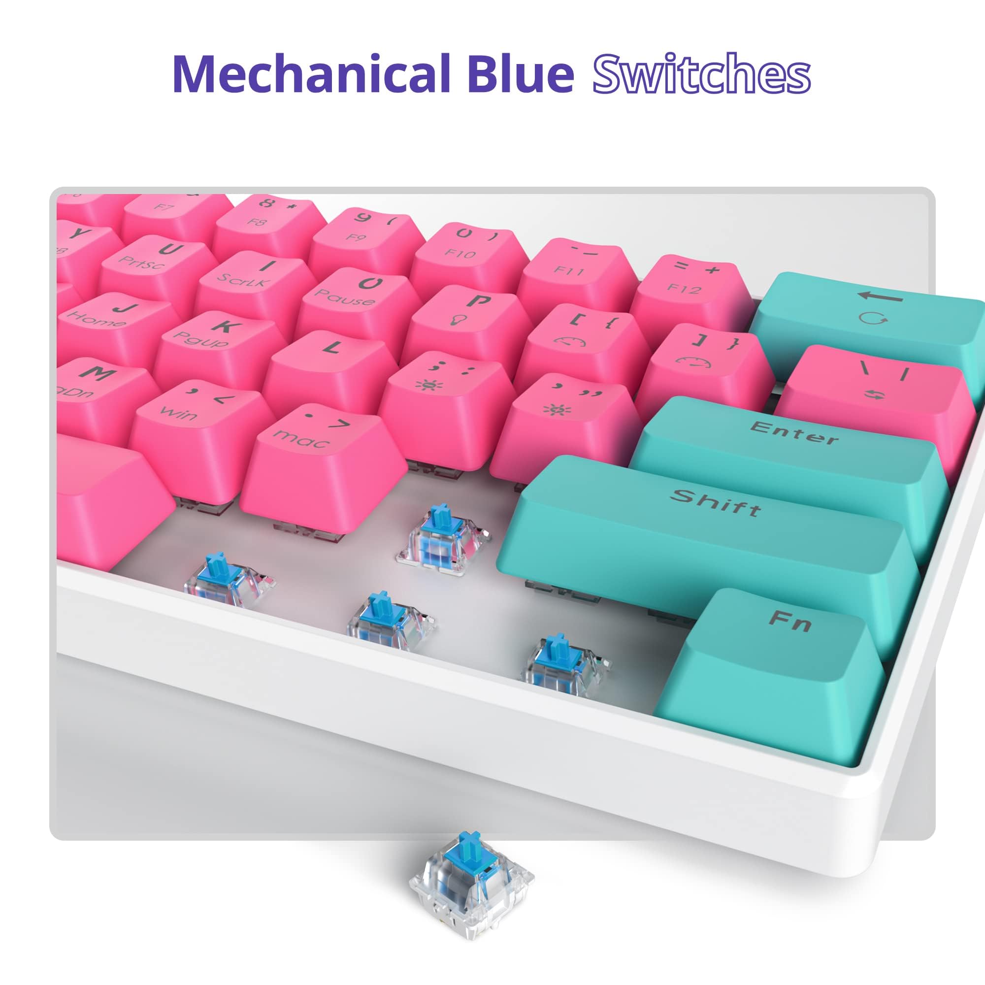 Owpkeenthy Pink 60% Wireless Gaming Keyboard Mechanical, RGB Bluetooth Compact Mini Keyboard with Backlit PBT Keycaps for MAC PC Gamer (Blue Switch/Miami)