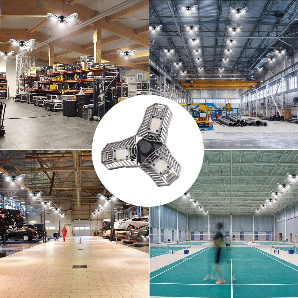 Mopzlink LED Garage Light, 60W E26/E27 6000LM Deformable Lamp, Tribright Garage Ceiling Lighting with 3 Aluminum Leaf, LED Light Bulbs for Workshop, Basement, Warehouse etc.