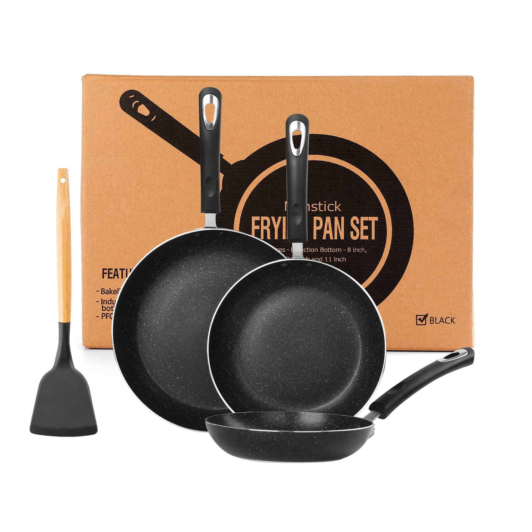 RATWIA Frying Pan 3-Piece Set, Nonstick Skillet Set for Induction Cooktop, Frying Pan Nonstick 8 Inch+9.5 Inch +11 Inch (Black)