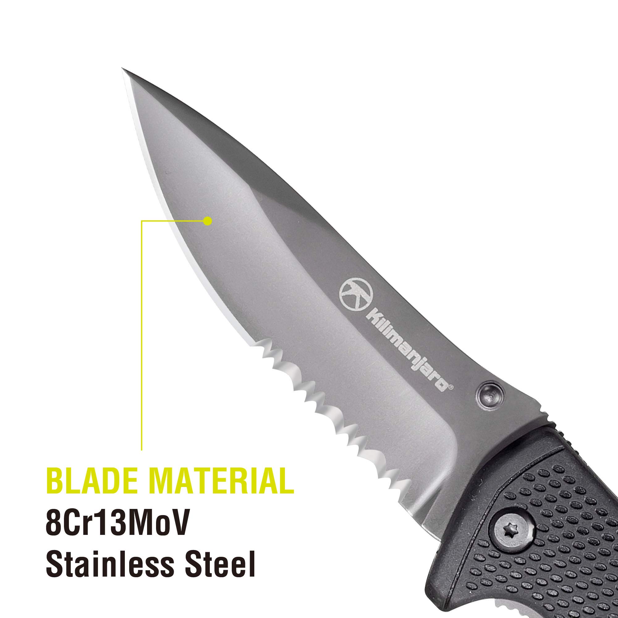 Kilimanjaro Drop Point Folding Knife, Pocket Knife for Outdoors, Camping, Hunting, Fishing, Serrated Blade, Kibo Black 910092