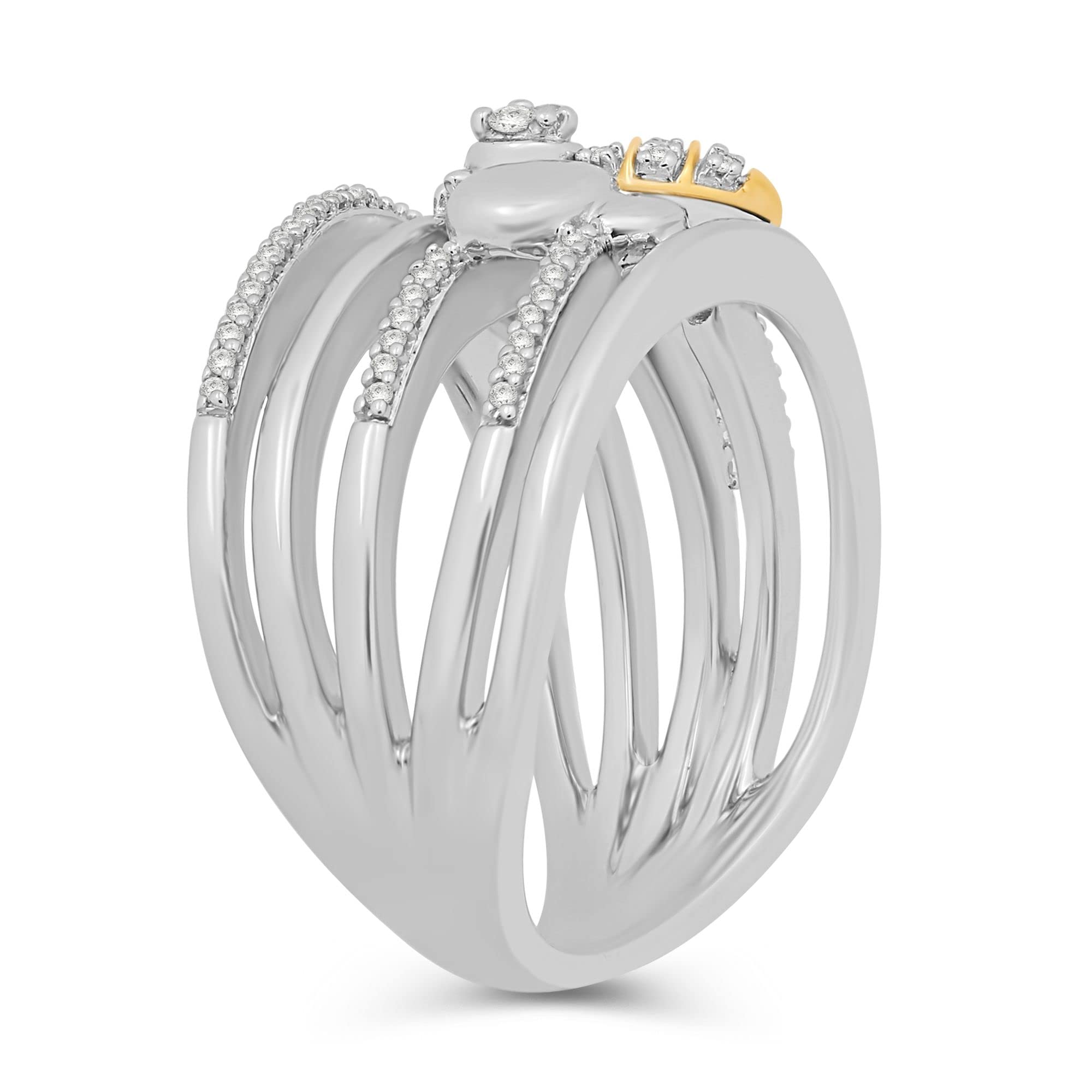 Jewelili Sterling Silver and 10K Yellow Gold 1/5 Cttw Natural White Round Diamonds Bee Band Ring, Size 7