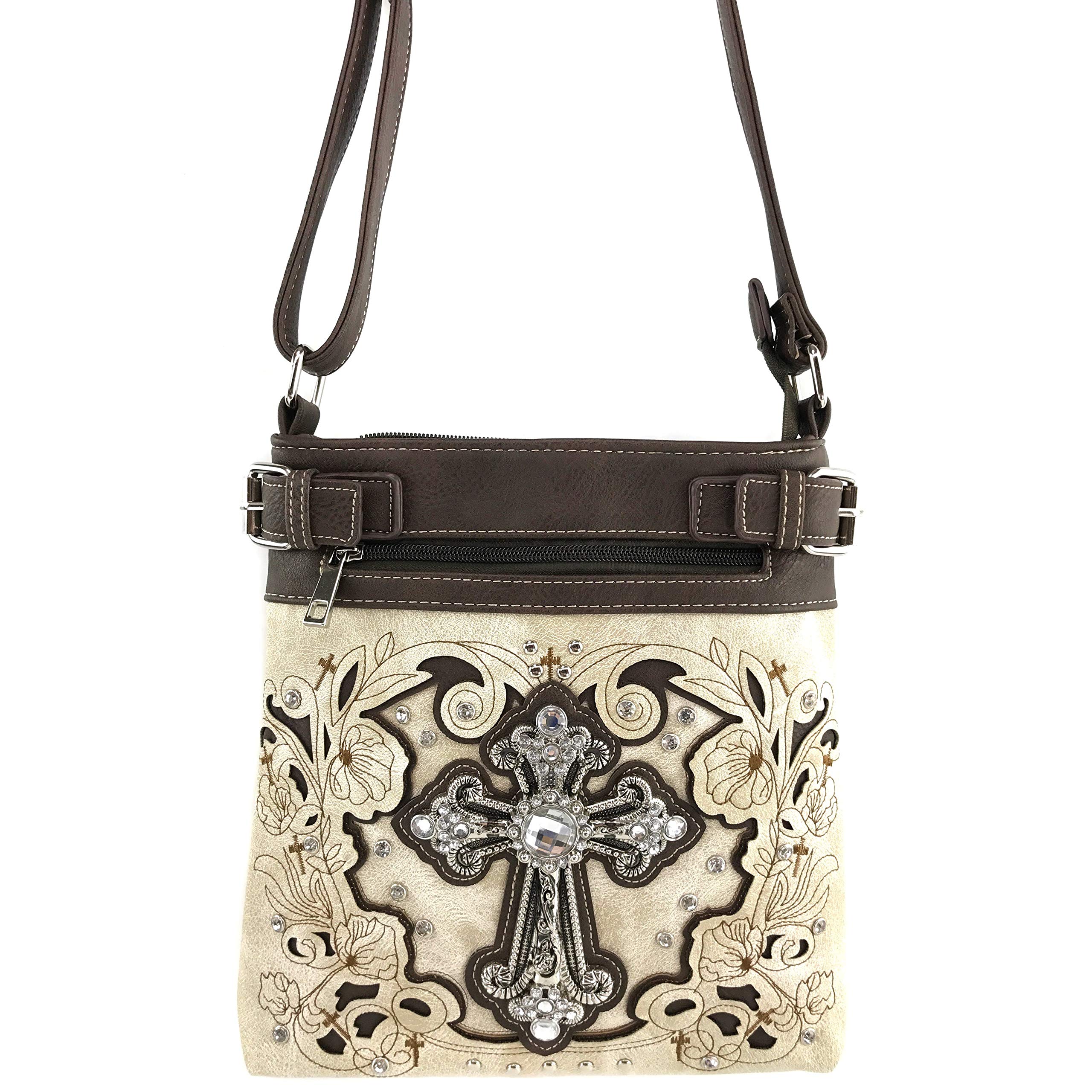 Justin West Embroidery Floral Cross Rhinestones and Studs Tote Shoulder Concealed Carry Handbag Messenger Purse (Pewter Handbag)