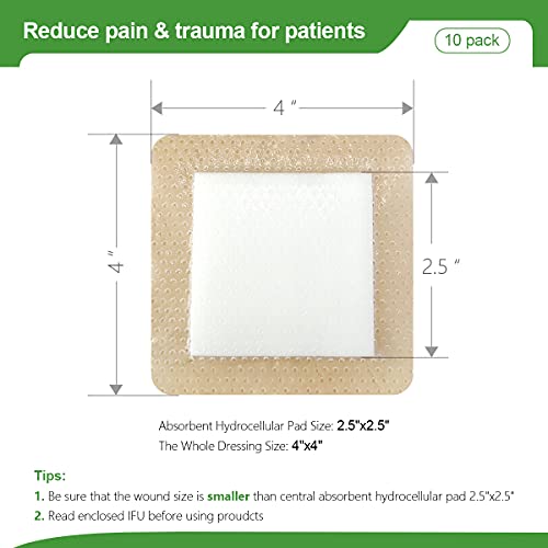 kastormed Silicone Adhesive Foam Dressing with Gentle Border 4''x4'' 10 Pack, High Absorbency Foam Wound Bandage for Bed Sore, Leg Ulcer, Diabetic Ulcer