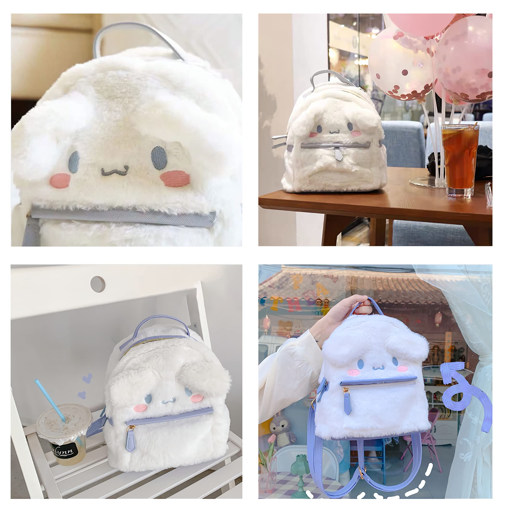 Kowckxi Cute Mini Plush Backpacks, Cat Face Soft Fuzzy Purse Handbags, 2Pcs Set White