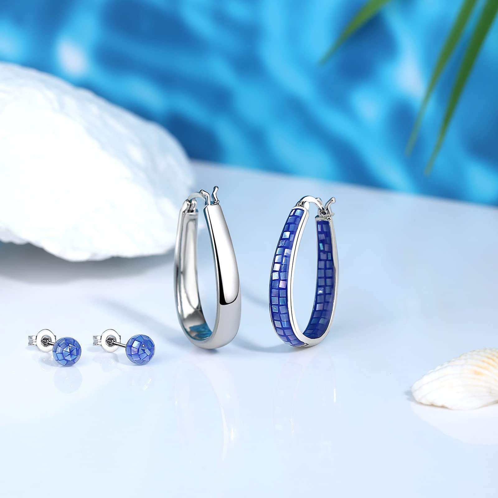 MUYUU Rhodium Plated Oval Inside Out Abalone Shell Hoop Earrings For Women Fashion Jewelry Gift