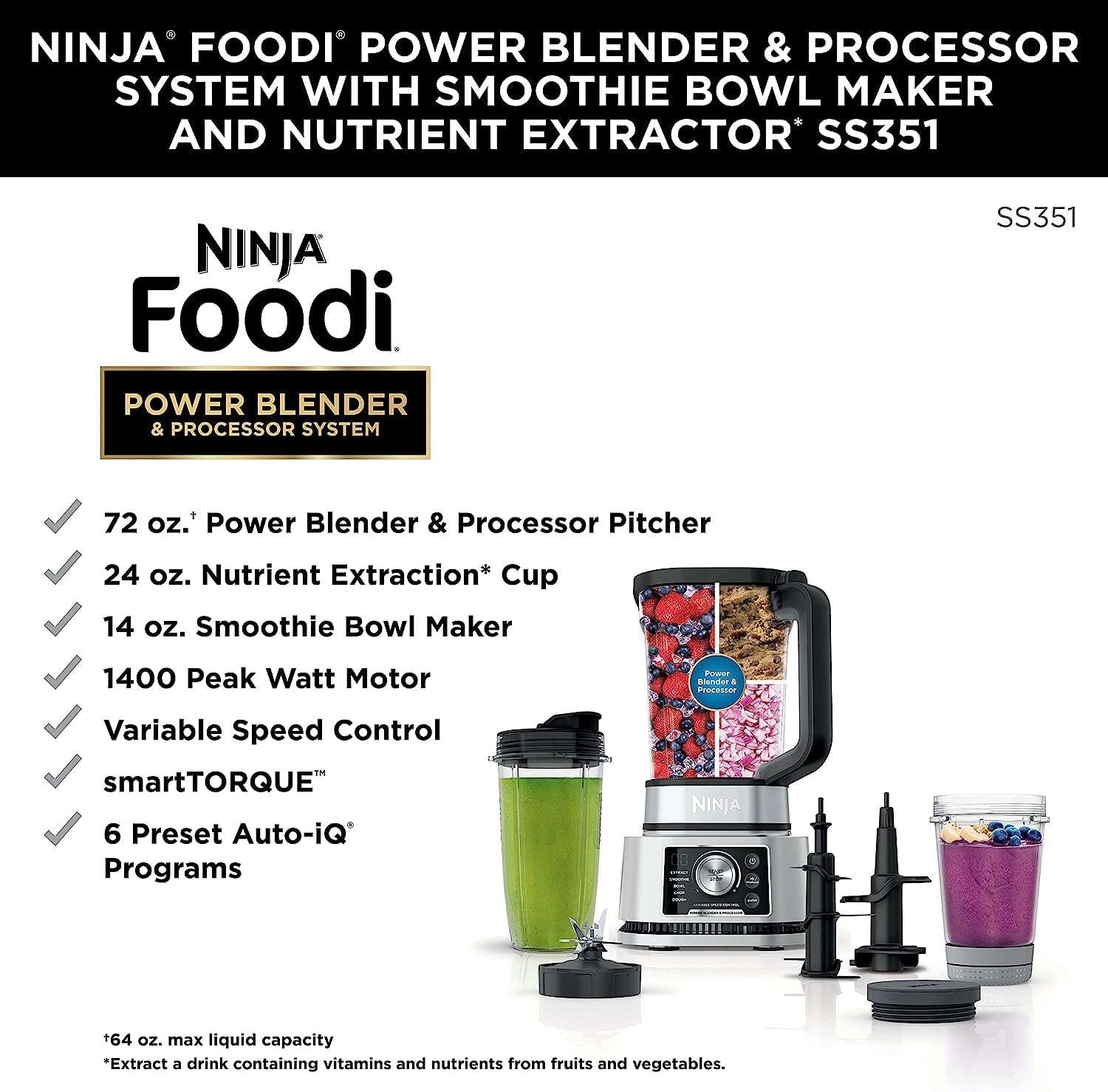 Ninja SS351 Foodi Power Pitcher System, Smoothie Bowl Maker, 4in1 Blender + Food Processor, Single Serve Blender 1400WP smartTORQUE 6 Auto-iQ Presets (Renewed)