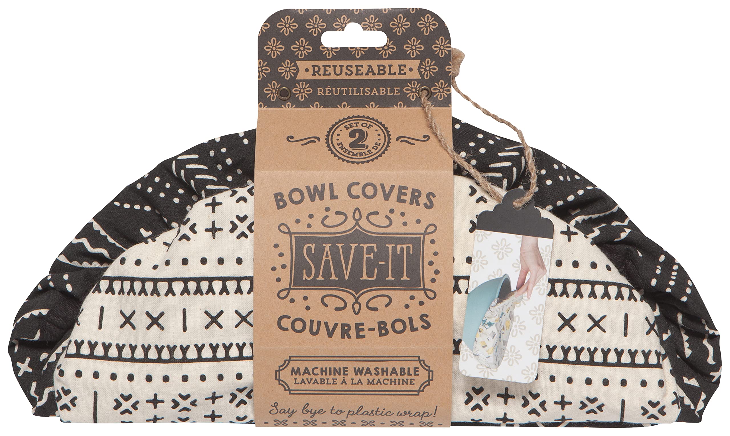 Now Designs Onyx Save It Reusable Cotton Bowl Covers 7.5 and 9.25 inch, Set of 2