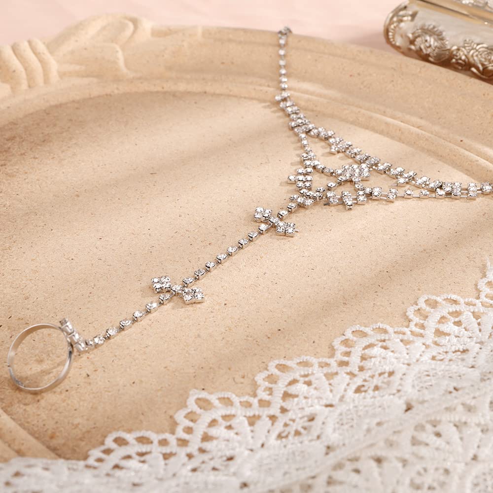 Rumtock Twisted Rhinestones Chain Sparkle Bracelet for Wedding Brides Bridesmaid Women Girls Boho Hand Chain with Finger Ring