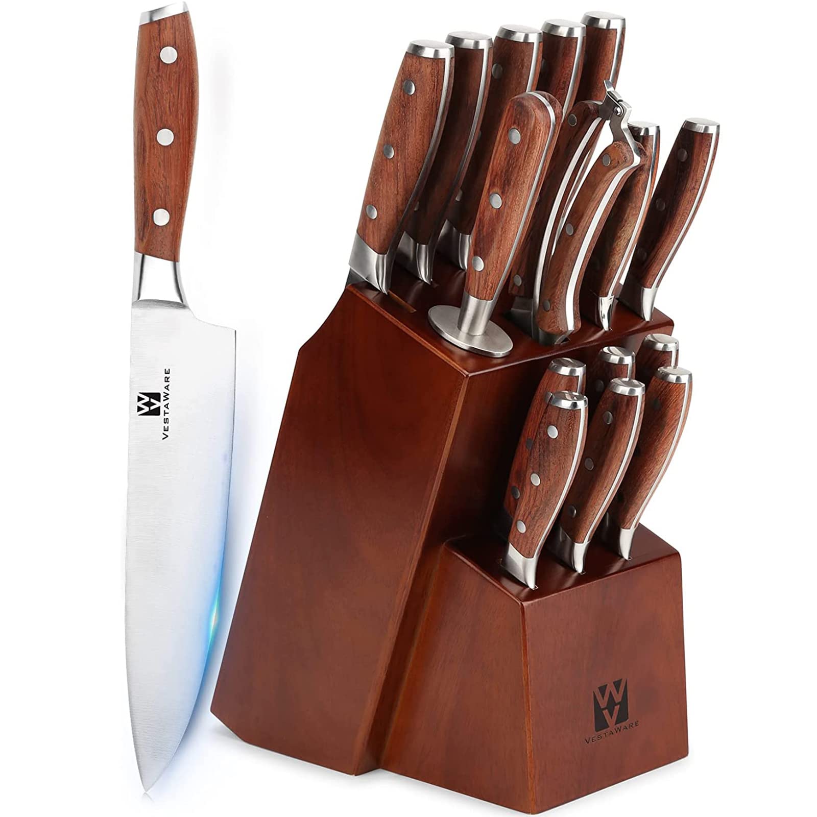 Knives Set for Kitchen, Vestaware 16-Piece Knives Set with Block Wooden, German Stainless Steel Forged Chef Knife Set Professional, Knife Block Set