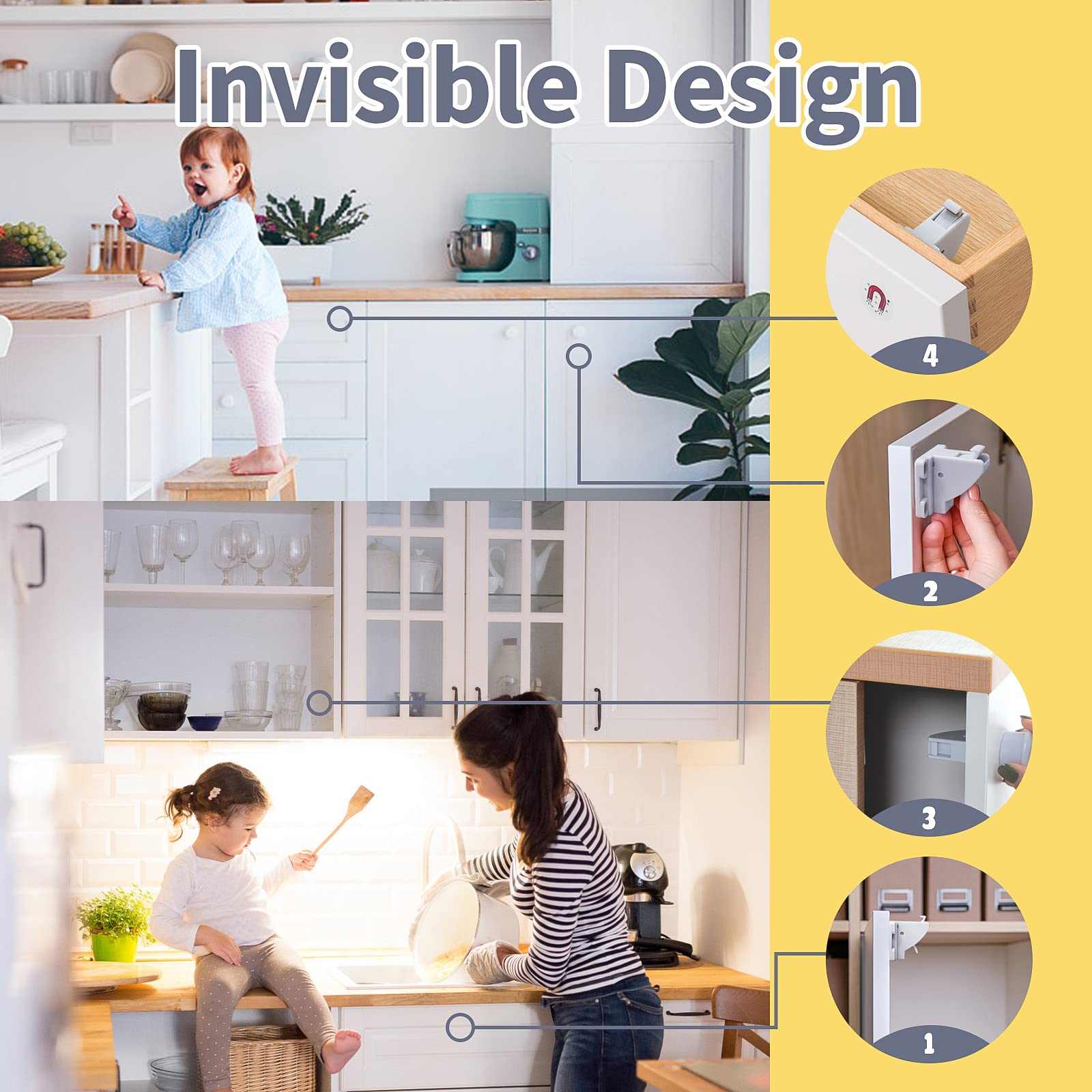 TYRY.HU Upgraded Child Safety Magnetic Cabinets Locks(16 Locks+2 Key) for Kitchen Cupboards & Drawer,Invisible Baby Proofing Child Safety Locks with Key-No Drilling or Tools Required,Easy Installation