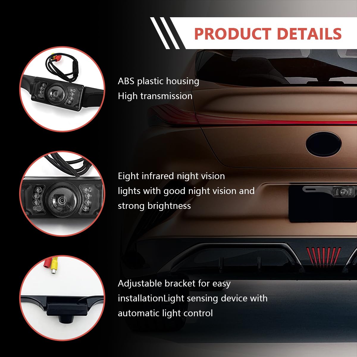 Kewucn Car Backup Camera, Wide-Angle Night Vision Reversing Parking Camera with 7 Infrared LED, IP68 Waterproof License Plate Backup Camera, Universal Rear View Cam for Most Vehicle
