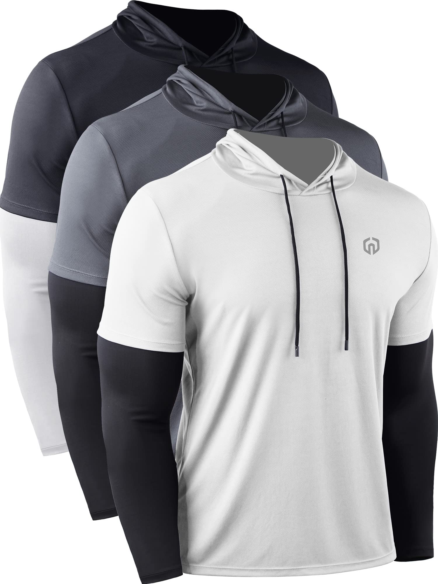 NELEUS 3 Pack Mesh Running Shirt Long Sleeve Workout Shirts with Hoods for Men,5124,Black/Grey/White,Large