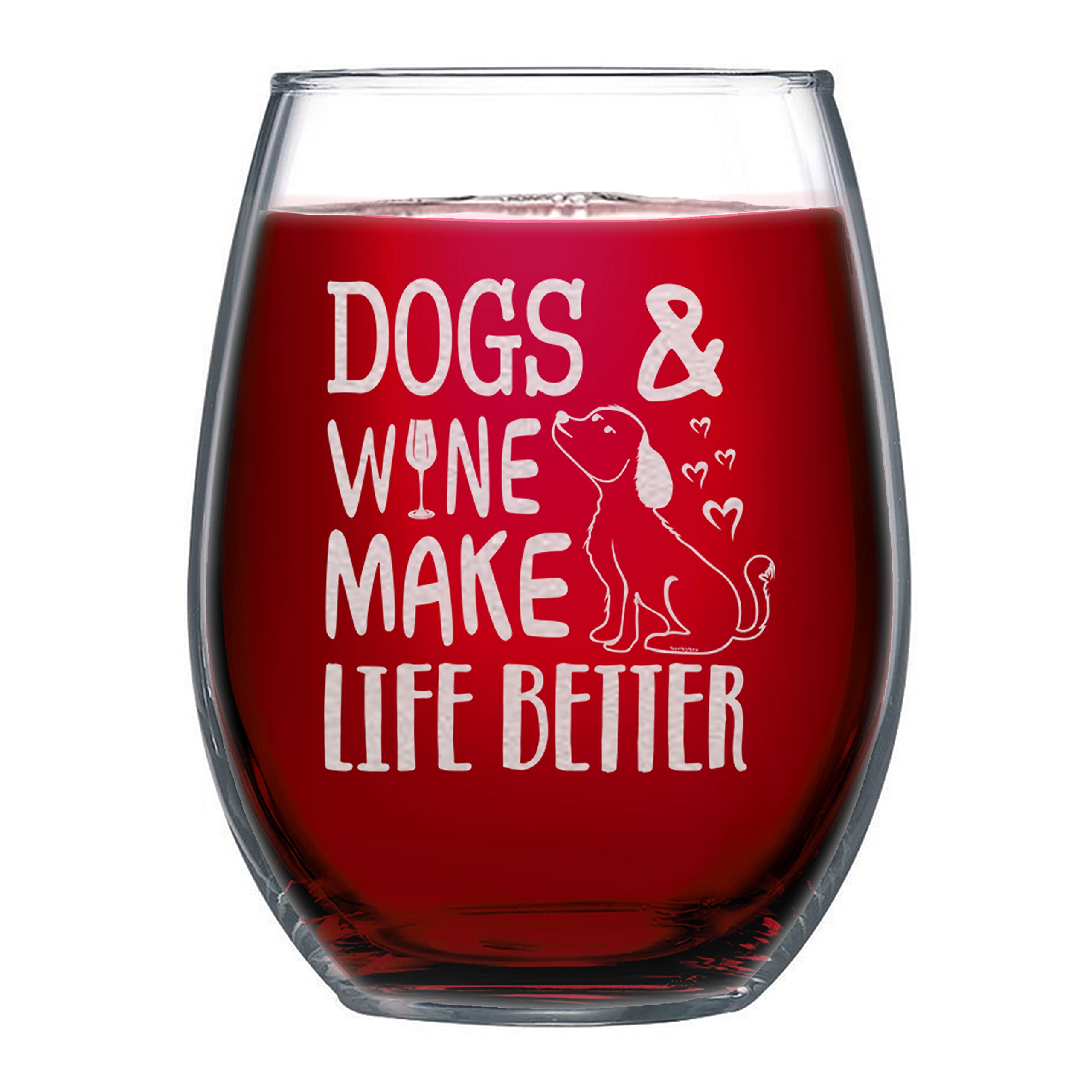 NeeNoNex Funny Gift for Dog Mom Dad Dogs & Wine Make Life Better Stemless Wine Glass - Dog Lover Gift