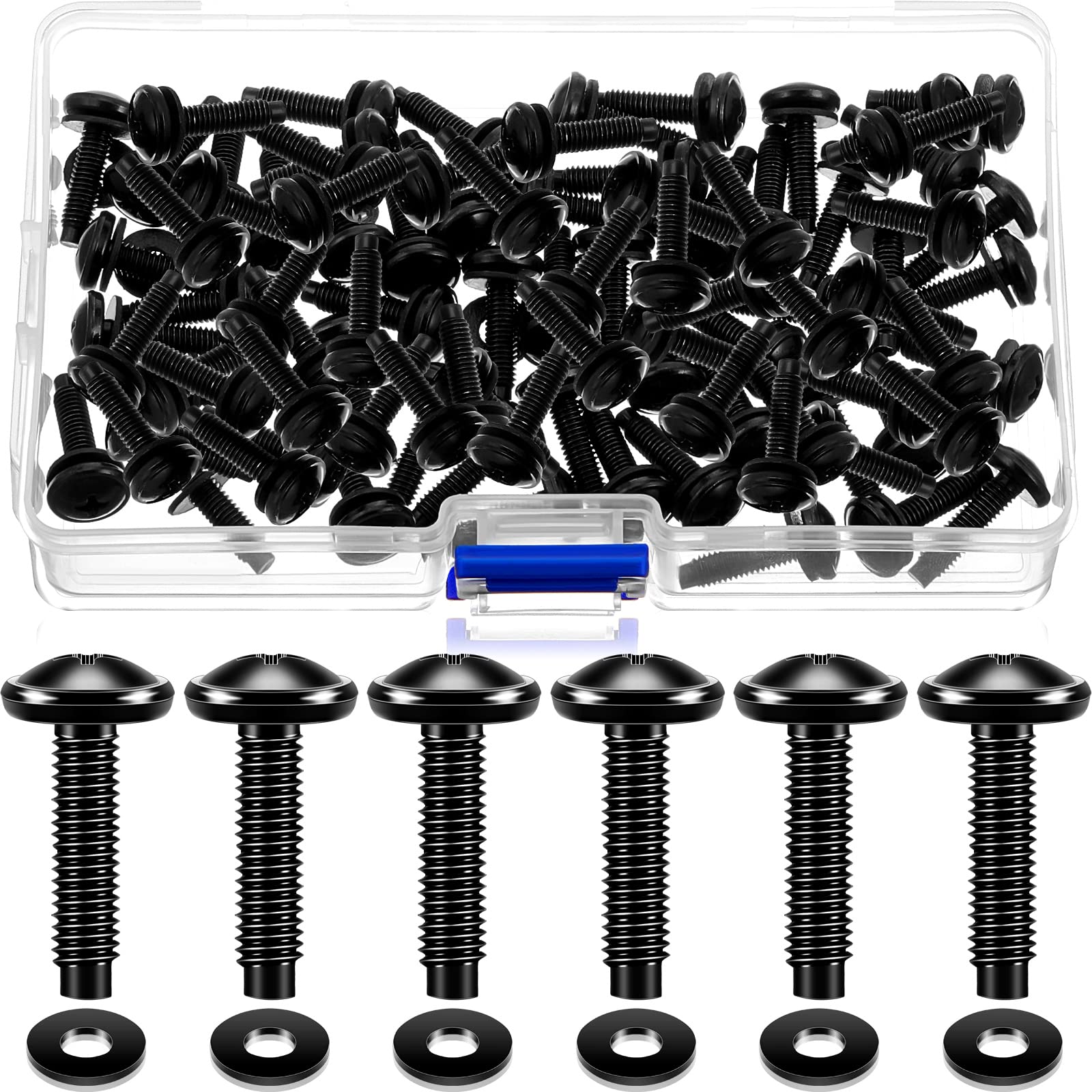 Ripeng 100 Pieces Rack Screws Mount Stainless Steel Black Server Rail Studio with Nylon Washers for Audio Mounts Hardware Rails (Size 10-32)