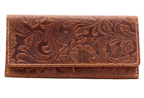 Toros Craft Handmade Western Wallets for Women, Genuine Tooled Leather & Long Credit Card Holder, Cowhide Slim Cell Phone Case, Large Capacity, Cute Clutch & Purse & Handbag (Camel)