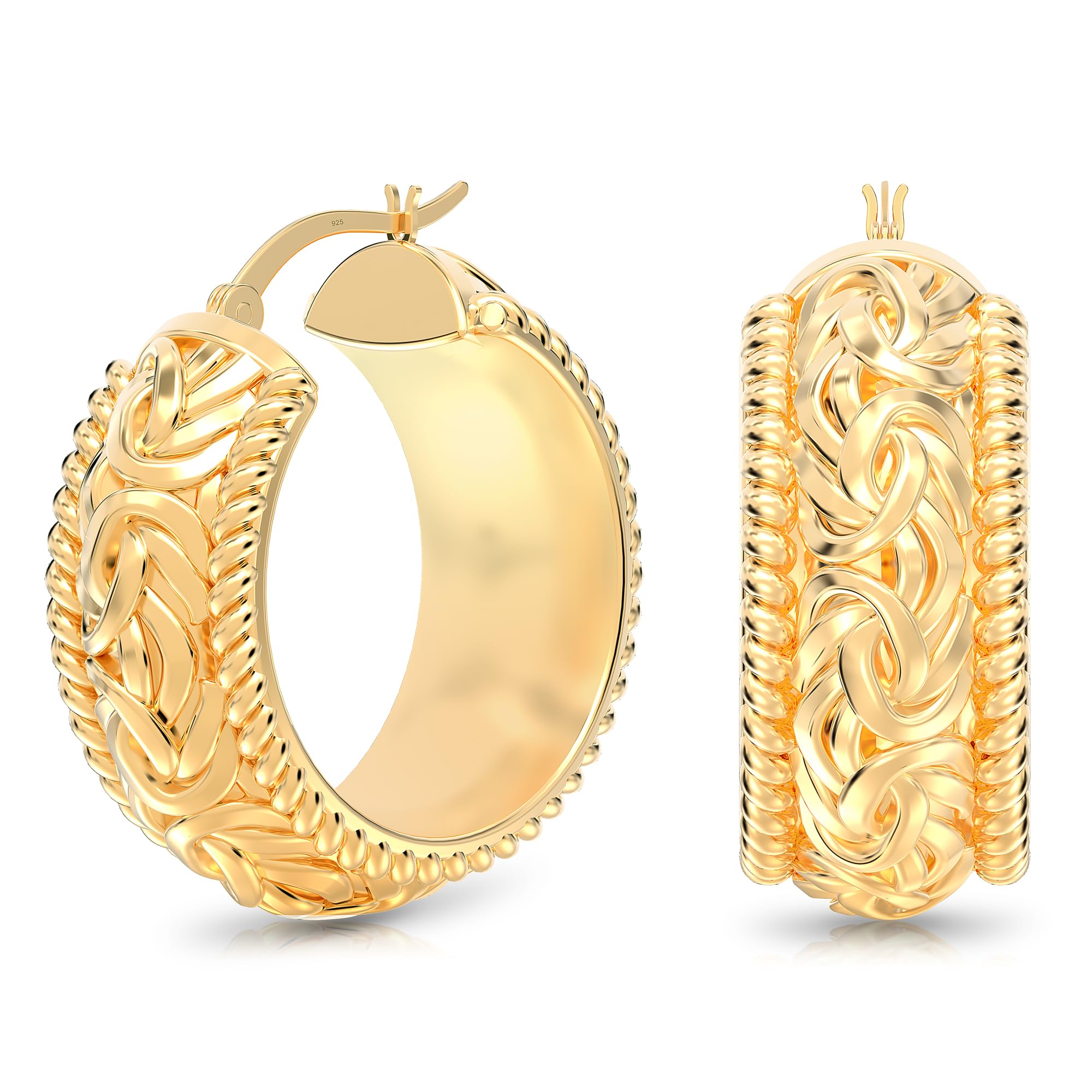 LeCalla Sterling Silver Jewelry Three-Tone Classy Diamond-Cut Thick Hoop Earrings for Women