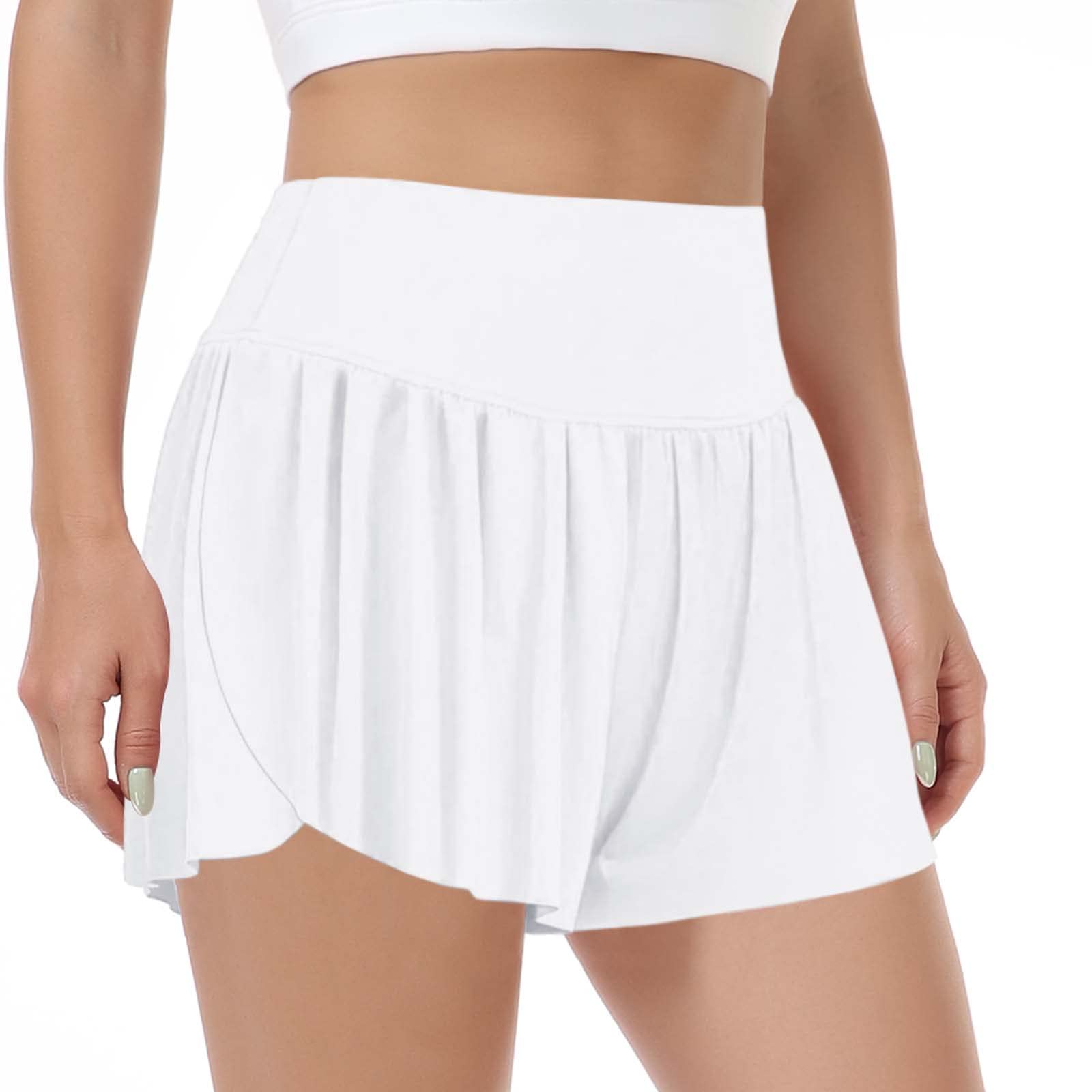 RISSCAN Womens Flowy Athletic Shorts with Pockets High Waisted Running Workout Shorts Casual Tennis Skirts (White#01, Large)