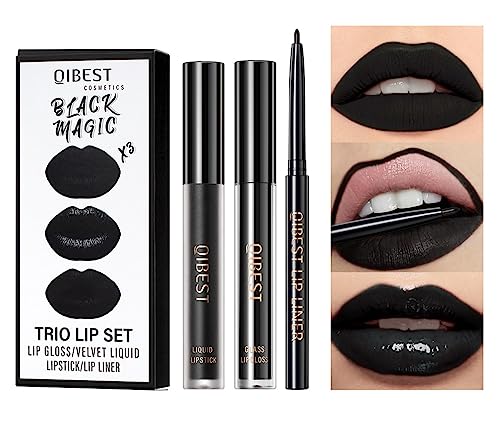 MAEPEOR All In One Lip Kit 3 In 1 Smooth Lipliner Lipgloss and Lipstick Set with Matte Velvet Liquid Lipstick Hydrating Moisturizing Lip Gloss and Creamy Lip Liner (Kit 12, Black Magic)