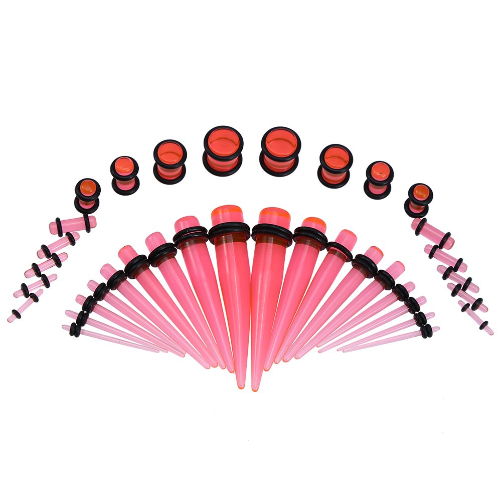 POCREATION Ear Gauges Stretching Kit, 8 Types Fashionable Acrylic Stretcher Ear Plug Taper Expander O-Ring Stretching Kit Body Piercing Jewelry(Transparent pink)