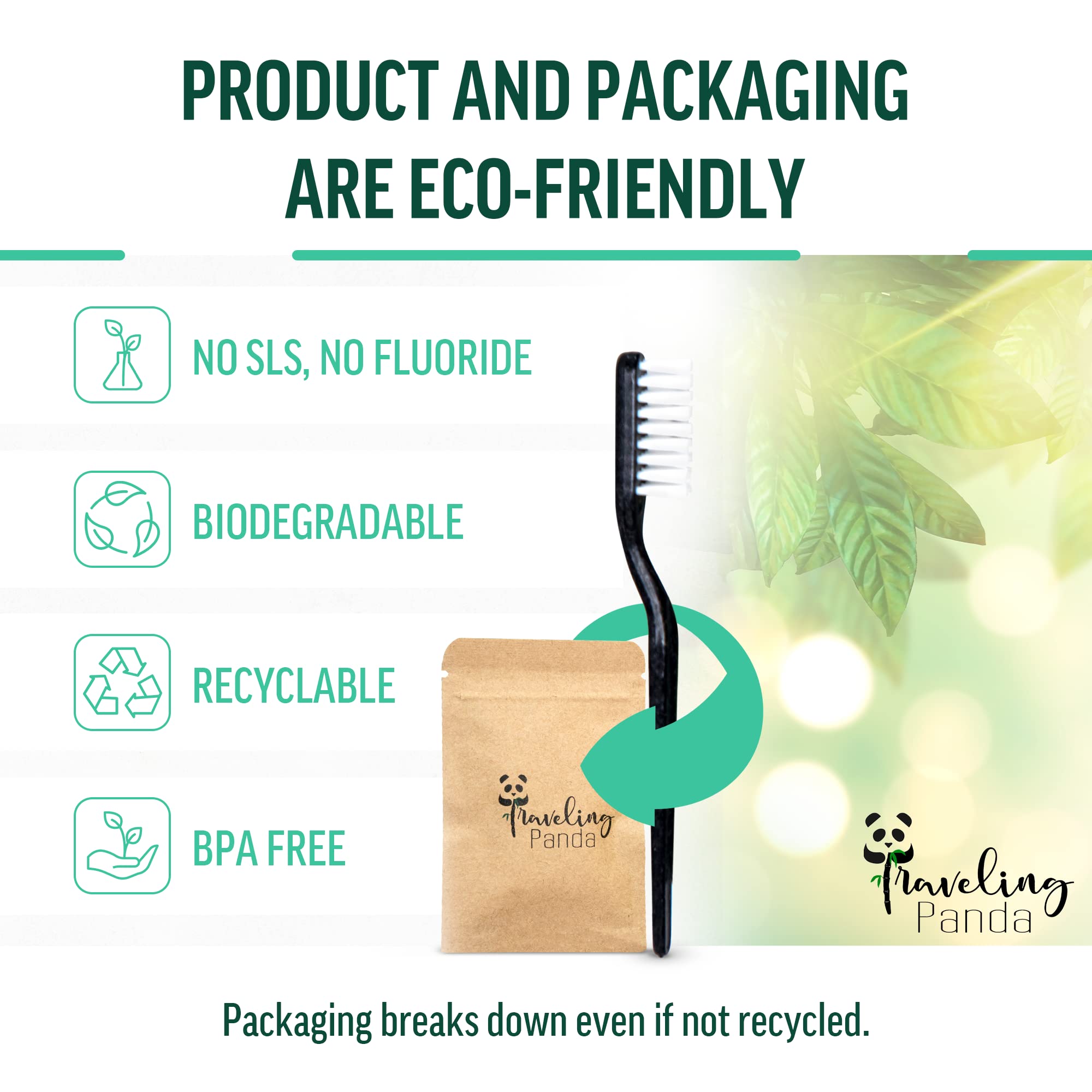 Traveling Panda Wheat Straw Toothbrushes, Soft Bristles Toothbrush with Toothpaste Built in, Travel Toothbrush Kit, Includes Brushes and Mint Toothpaste Tablets, 2 Mini Brushes, 20 Tabs