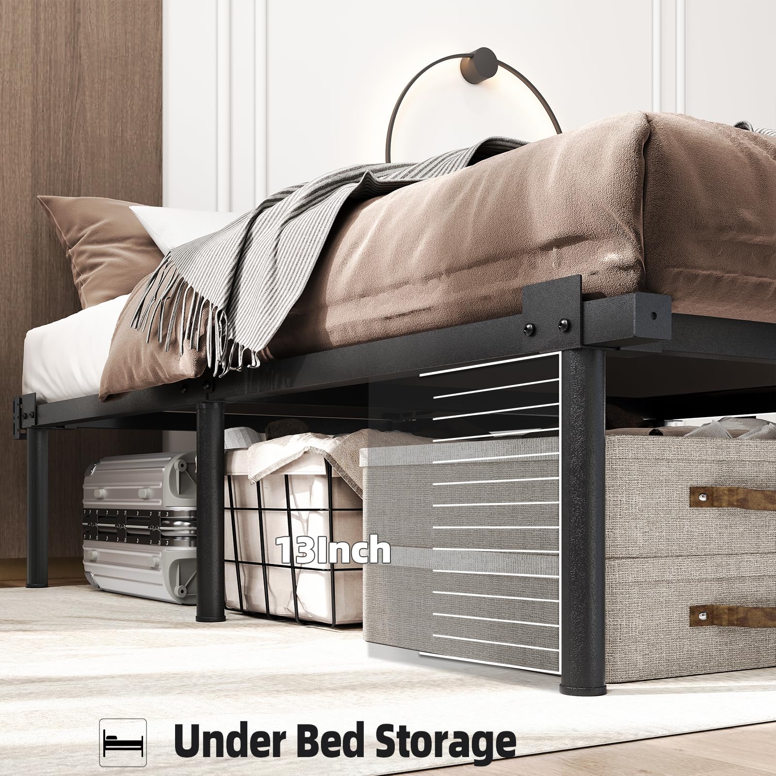 JOM Metal Bed Frame Full Size - 14 Inch Rails Bedframe for Box Spring and Mattress Simple Required Double Base Black