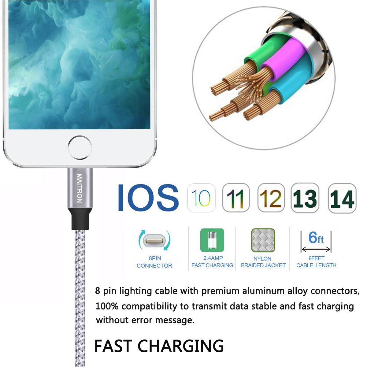 Maitron iPhone Charger, Lightning Cable 3PACK 6FT Nylon Braided USB Charging Cable High Speed Connector Data Sync Transfer Cord Compatible with iPhone 13/12/11/Xs Max/X/8/7/Plus/6S/6/SE/5S iPad