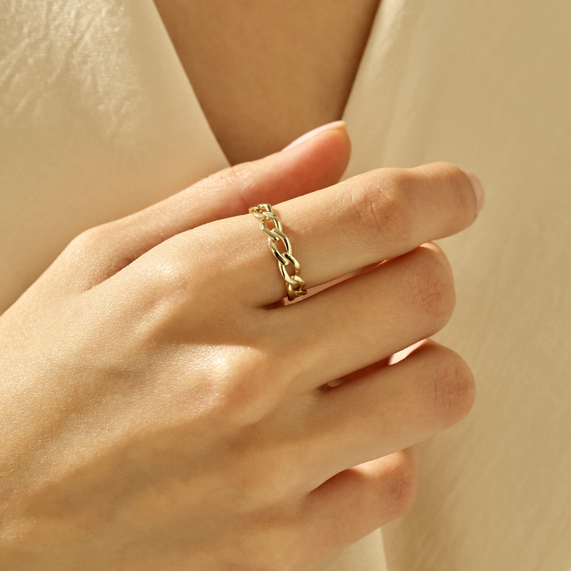 Norm Jewels Eternity Cuban Chain Ring in 14k Solid Gold Stacking Rings for Women in Yellow White Rose Gold (Yellow Gold, 6)