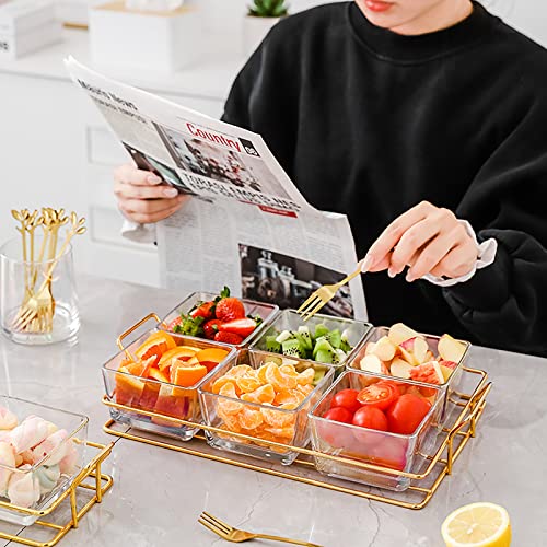 XKXKKE 6 Clear Glass Bowls Set with Gold Metal Rack, Condiment Dishes Serving Bowls Buffet Server Food Display Relish Tray for Fruit Dessert Appetizer Nuts Snacks Candy Chip Dip