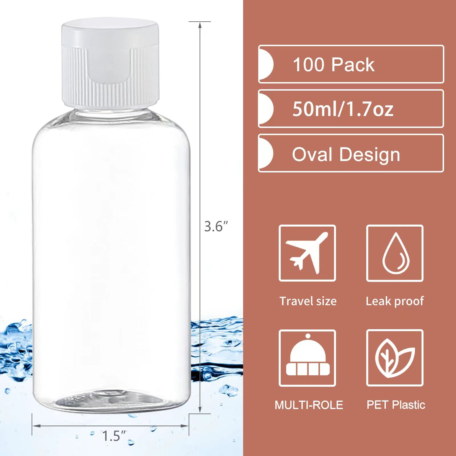 VEIDIA 100 Pack 1.7oz Plastic Empty Bottles with Flip Cap Small Travel Size Bottles Hand Sanitizer Bottles Refillable Travel Container for Shampoo Body Soap Lotions Baby Shower (Pink)