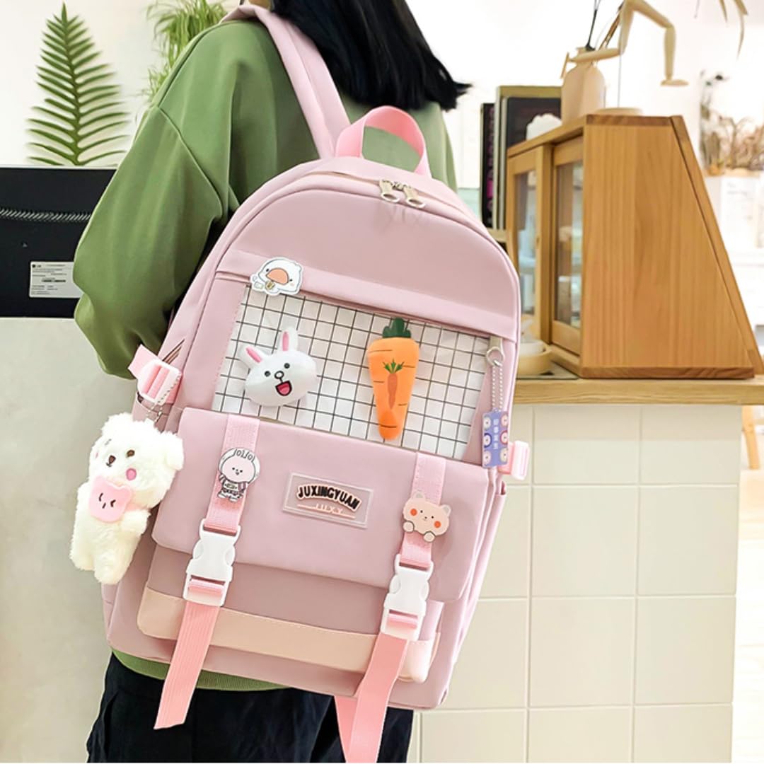 josfey 4Pcs Kawaii Backpack Cute Backpack Aesthetic Backpack Preppy Backpack SetKawaii School Supplies with Accessories (Pink)…