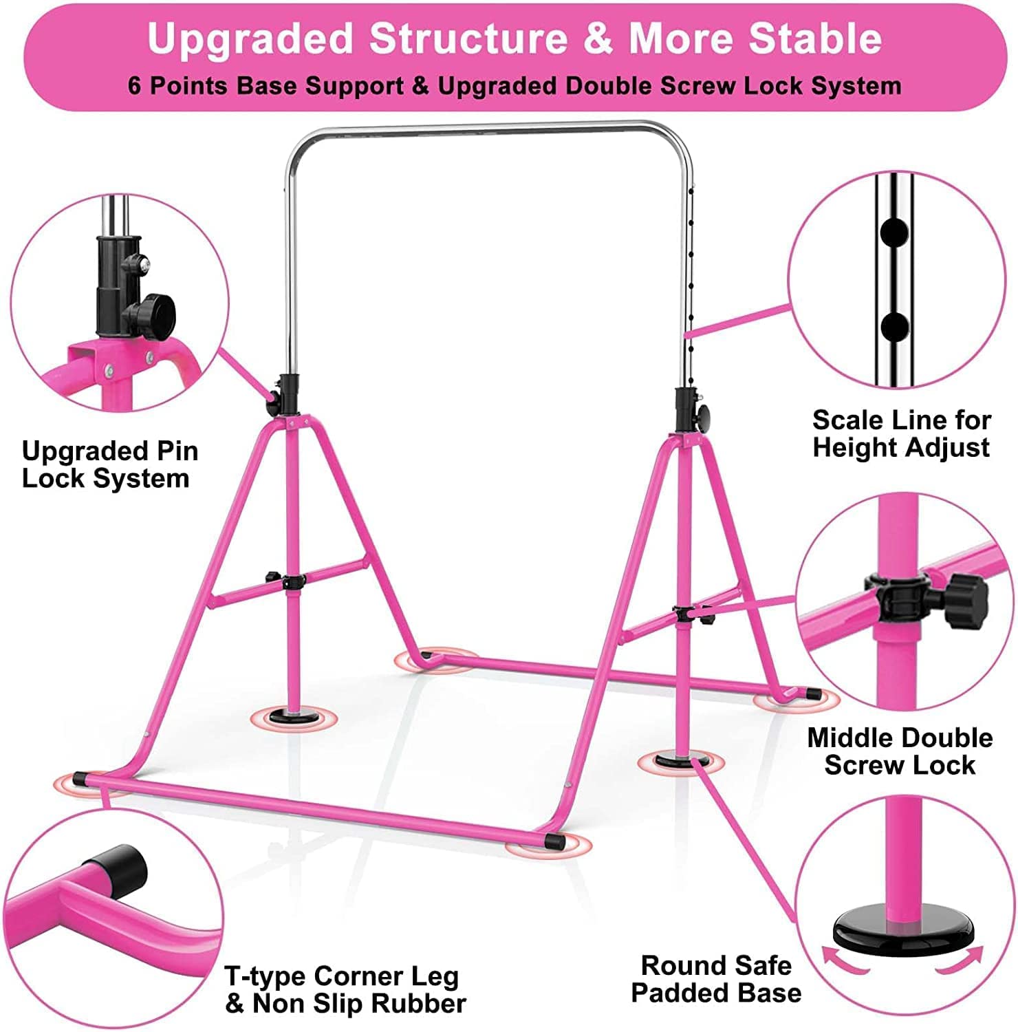 RAVS Gymnastics Bar for Kids with Swing Set, 8 Heights Adjustable Easy Folding Gymnastic Training Bar Kids Monkey Horizontal Bars - Max Load 300LBS (Small-Pink)