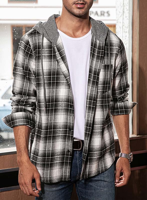 JMIERR Flannel Hoodies for Men Casual Button Down Plaid Long Sleeve Lightweight Winter Shirts Jackets,US 46 (XL),1Black