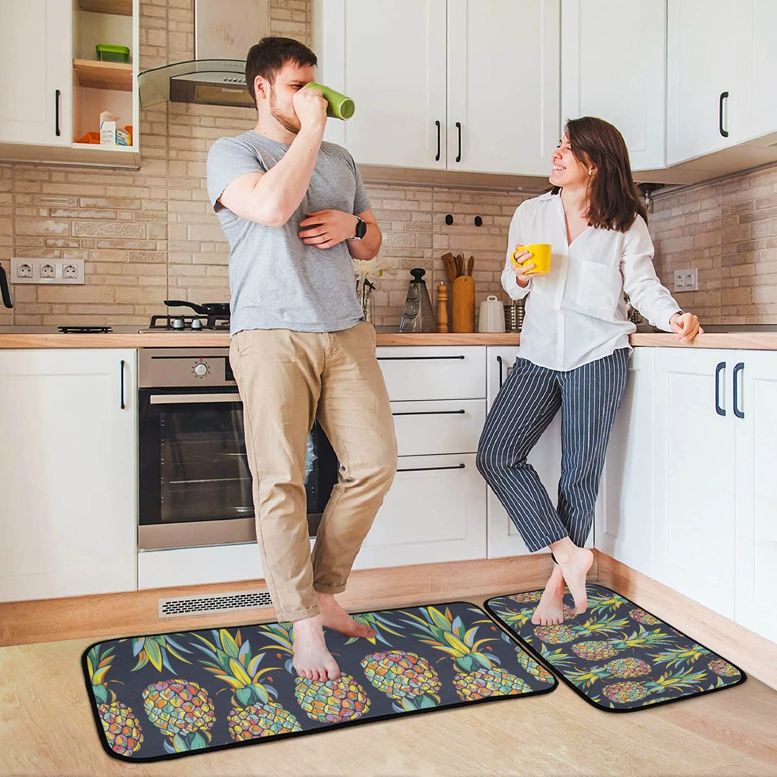 Pineapples Kitchen Rugs and Mat 2 Pieces Set Cushioned Anti Fatigue Kitchen Mat Non Slip Doormat Runner Carpet Washable Farmhouse Decor for Kitchen Floor Home Office Laundry