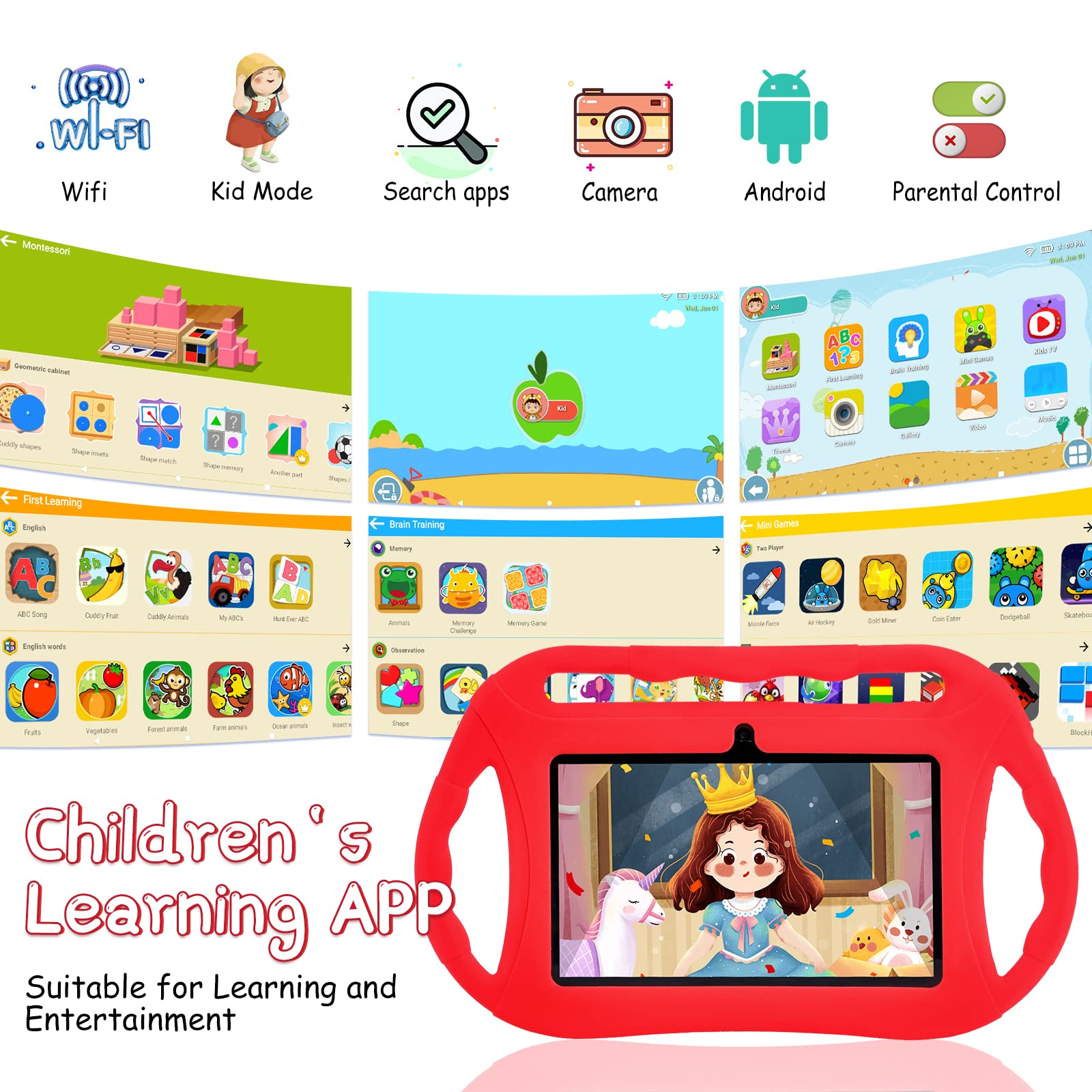 Veidoo Tablet for Kids, 7 inch Android Toddler Tablet, 32GB Storage, WiFi Dual Camera, Kids Content Google Plays, Parental Control, Kid-Proof Case (Red)