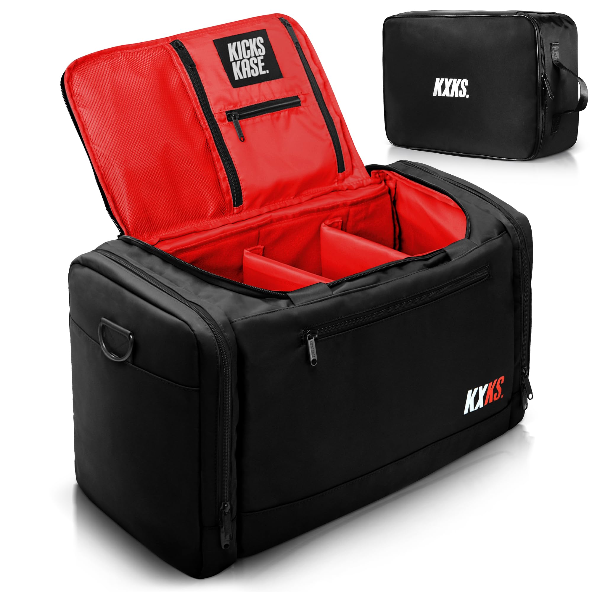 KXKS. (Kicks Kase Premium Sneaker Bag & Travel Duffel Bag - 3 adjustable compartment dividers - For shoes, clothing and gym (Black/Red)