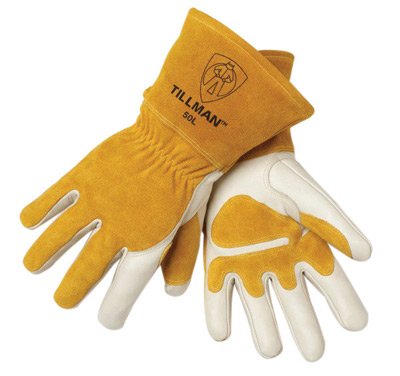 Tillman Medium 14" Pearl Top Grain Side Split Cowhide Fleece Lined Premium Grade MIG Welders Gloves With Gauntlet Cuff, Seamless Index Finger And Elastic Back (Carded)