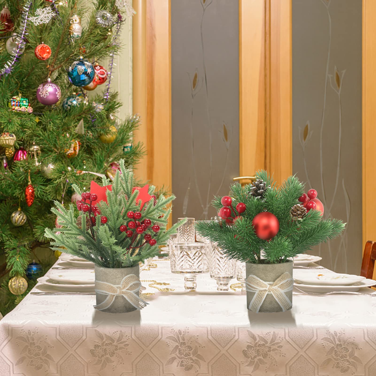 JIALEIXI 2PCS Small Christmas Tree,Tabletop Mini Xmas Tree,9" Artificial Little Potted for Christmas Decor,Suitable for Weddings, Holidays, Christmas and Other Festivals.(Red/Green)