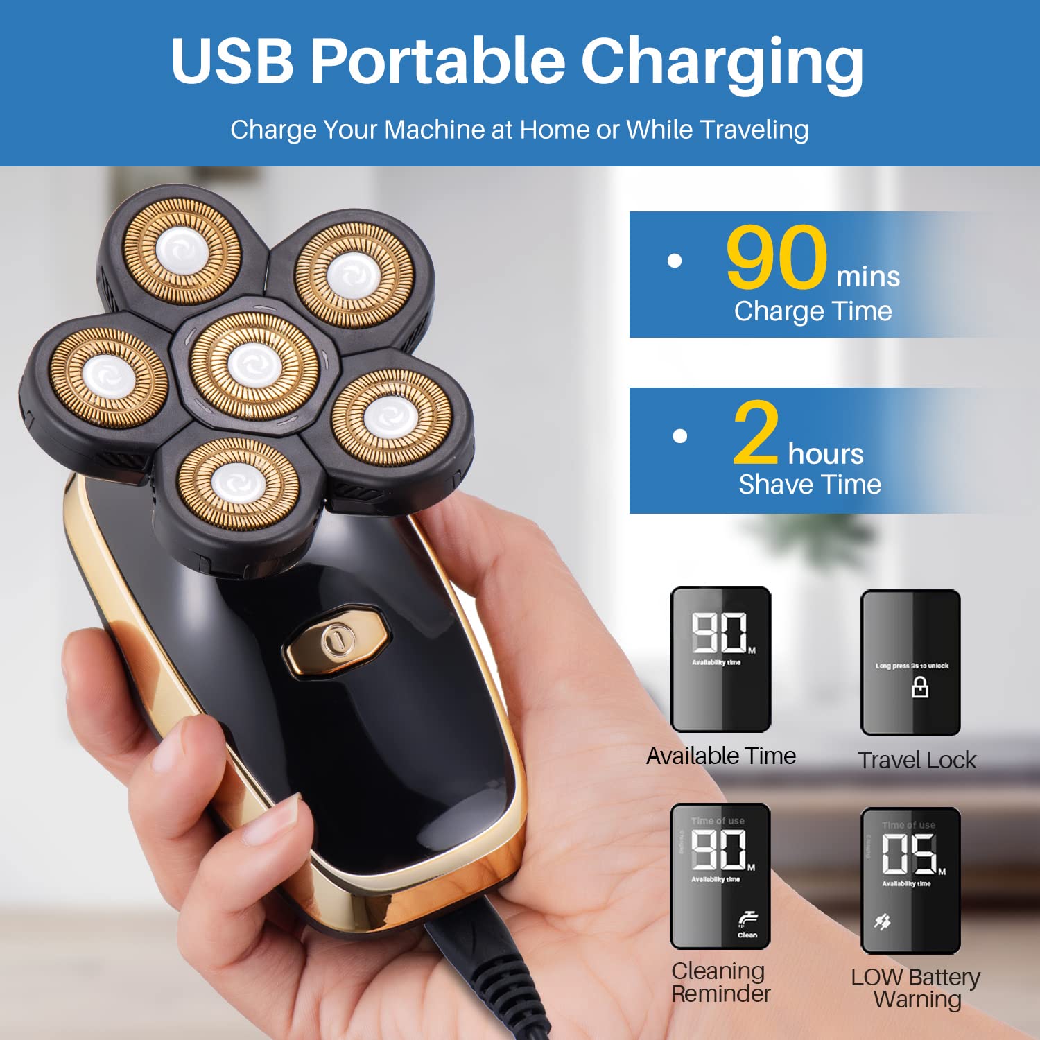 Vsmooth Head Shavers for Bald Men Multifunctional Bald Head Shaving Grooming Kit Cordless Electric Shaver for Balding Head Man Rotary Shavers Waterproof Electric Razor Rechargeable Shaving for Men