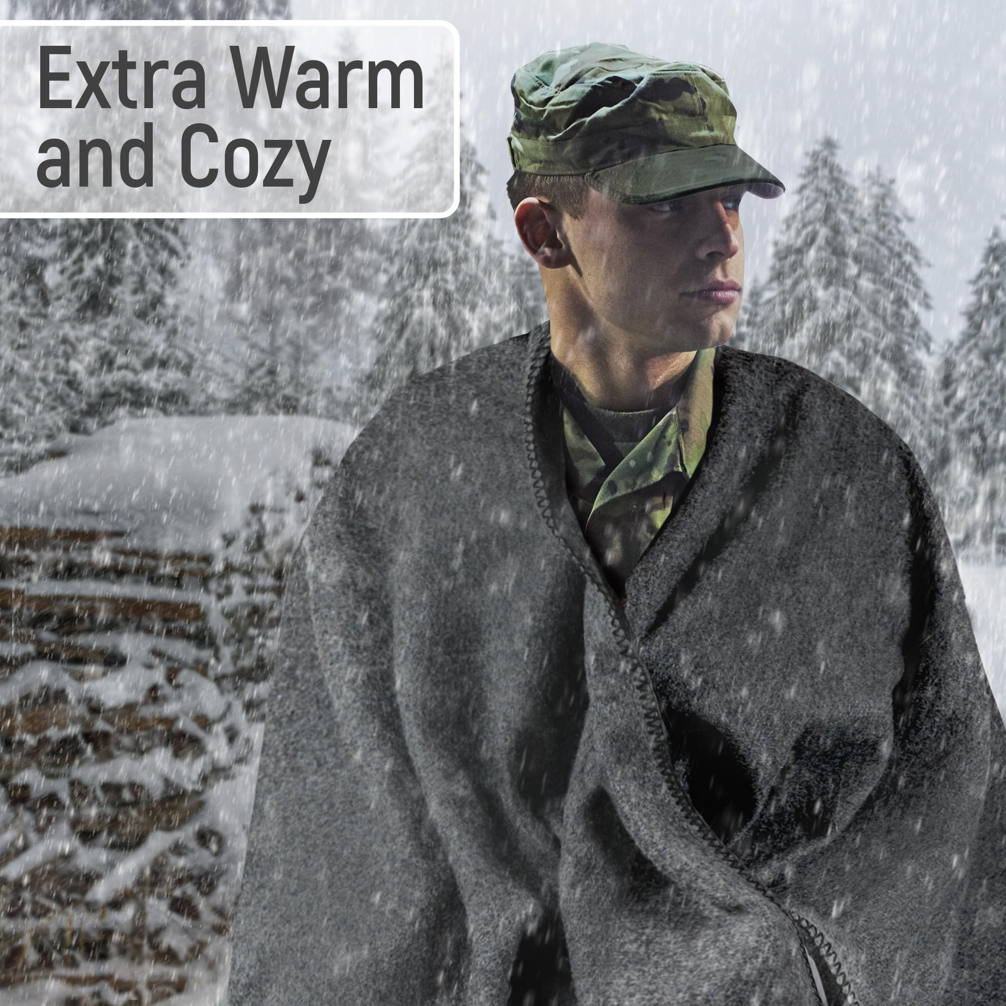 Jmr Usa Inc. Military Wool Blanket for Camping and Everyday Use, Fire Retardant Extra Thick and Warm Outdoor Wool Blanket, 70% Wool, Grey, Size 62X84.