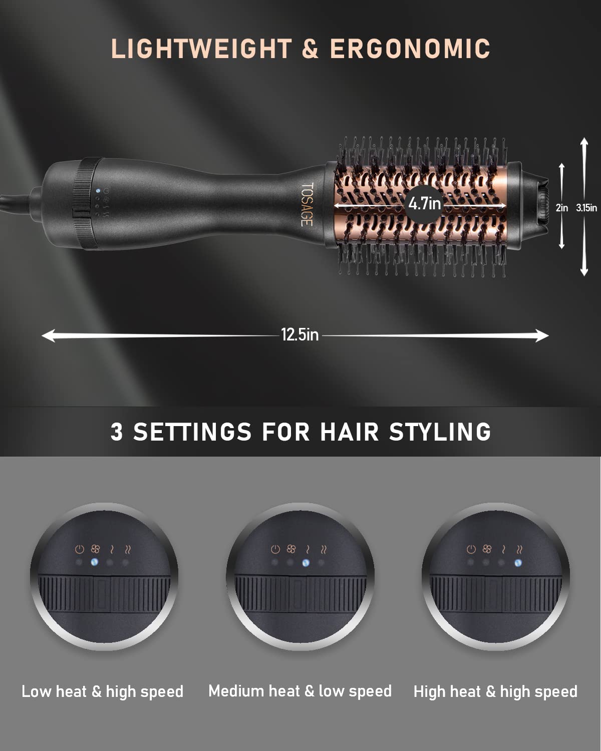 TOSAGE Hair Dryer, 1100 Watt, Black, with Far Infrared Heat and Negative Ion Technology, Titanium Oval Brush, Adjustable Airflow, Mixed Bristle, Multiple Settings