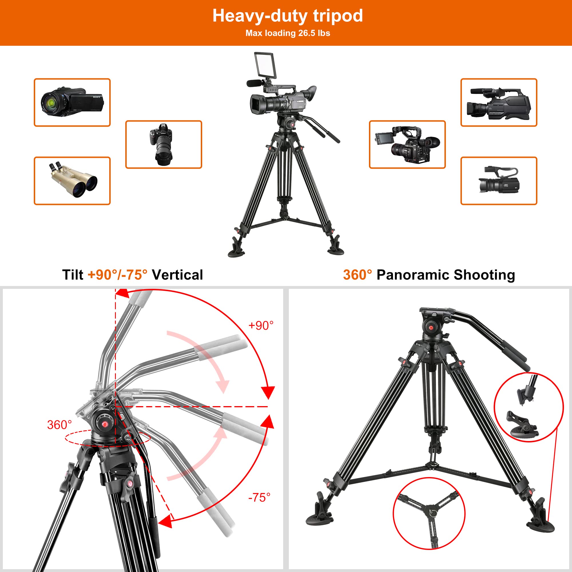 MagicLine 65.7 inch Heavy Duty Aluminum Video Camera Tripod with Fluid Head, 2 Pan Bar Handles, Adjustable Mid-Level Spreader,QR Plate, Max Load 26.5 LB for Canon Nikon Sony DSLR Camcorder Cameras