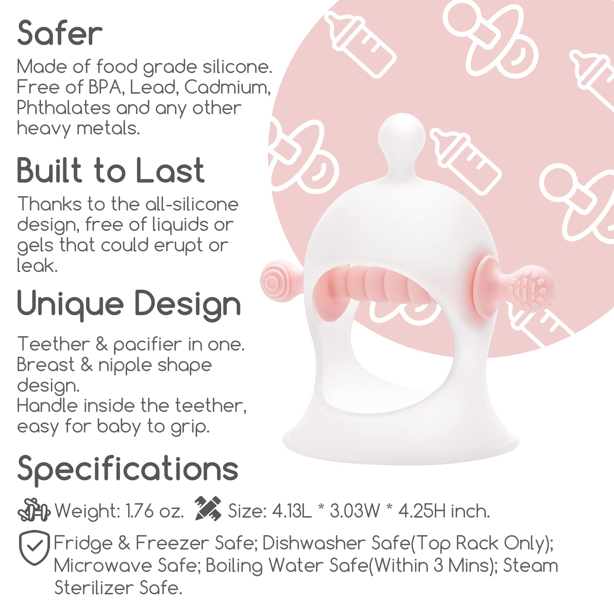 SPRACT Baby Teething Toys Never Drop Teething Toys for Babies 0-6 Months Silicone Teethers for Babies 6-12 Months Baby Chew Toys for Sucking Needs Hand Pacifier for Breast Feeding Babies Clear Pink