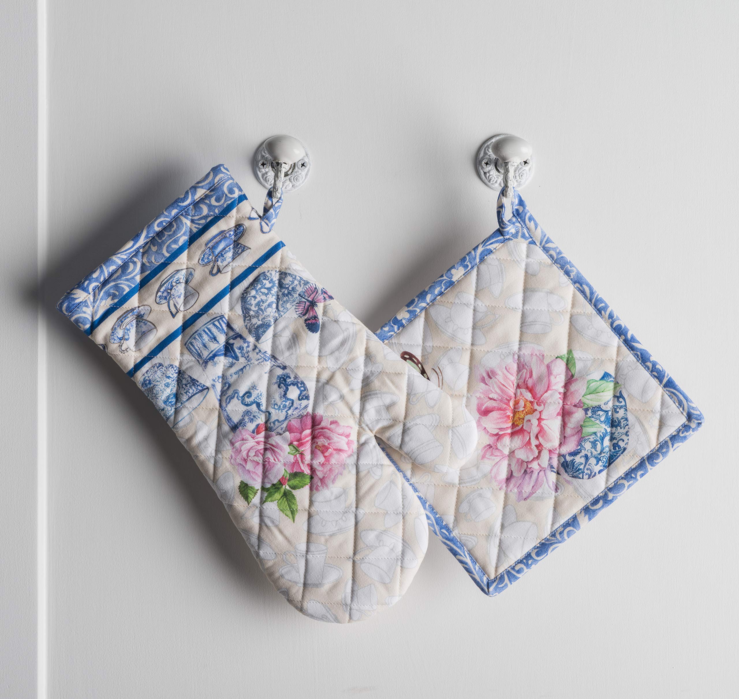 Maison d' Hermine Oven Mitt + Pot Holder 100% Cotton Heat Resistant Kitchen Oven Gloves (7.5"x13") & Hot Pads (8"x8"), Chef, Women & Men Parties, Birdies On Wire - Spring/Summer