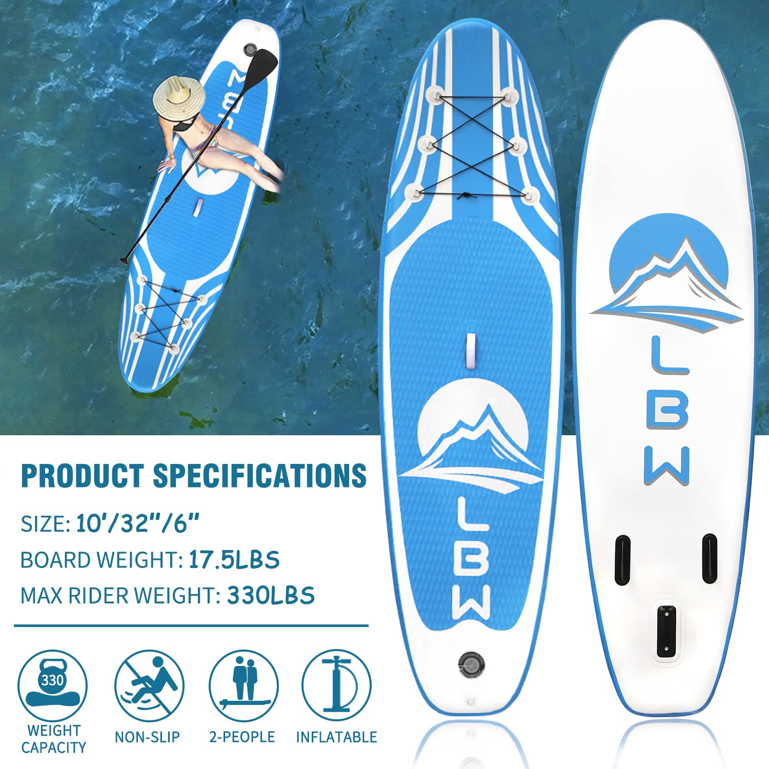 LBW Inflatable Stand Up Paddle Boards with Premium SUP Paddle Board Accessories, Wide Non-Slip Deck, Waterproof Backpack, Classic Inflatable Paddle Board for Men & Women