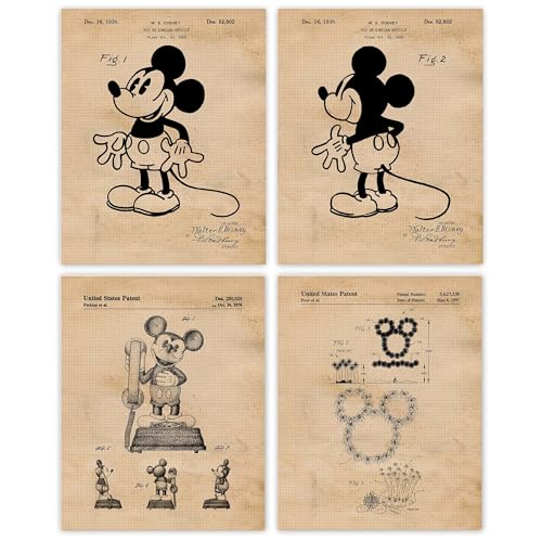 Vintage Mickey Minnie Magic Patent Prints, 4 (8x10) Unframed Photos, Wall Art Decor Gifts Under 20 for Home Walter Disney Mouse Cartoon Office Film Movies School College Student Teacher Coach Tech Fan