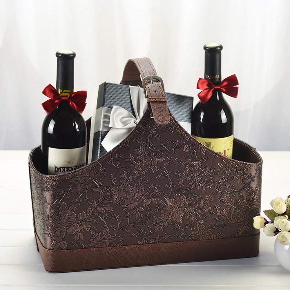 Medium Size Storage Basket, Leather Storage Bin Organizer for Wine Flowers Fruits Magazine Holder Rack/Bins,with Top Handle for Holiday Presents Gifts Display (Middle Vintage)